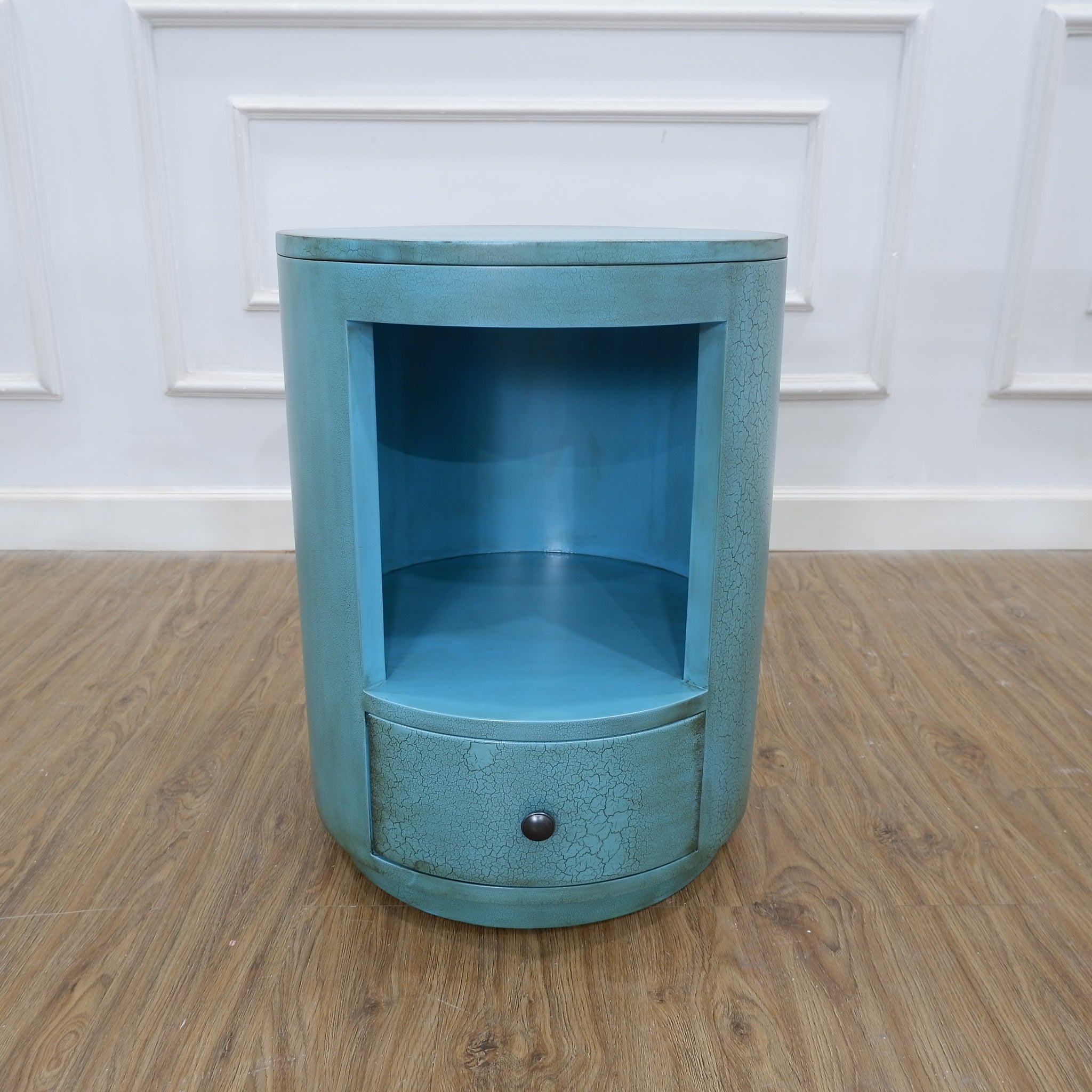 Round Turquoise Bedside Table - The Bedroom
